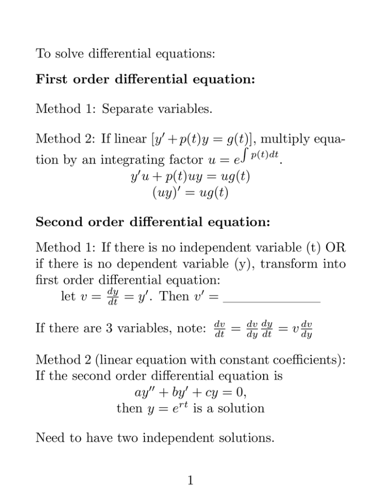 To Solve Differential Equations First Order Differential Equation