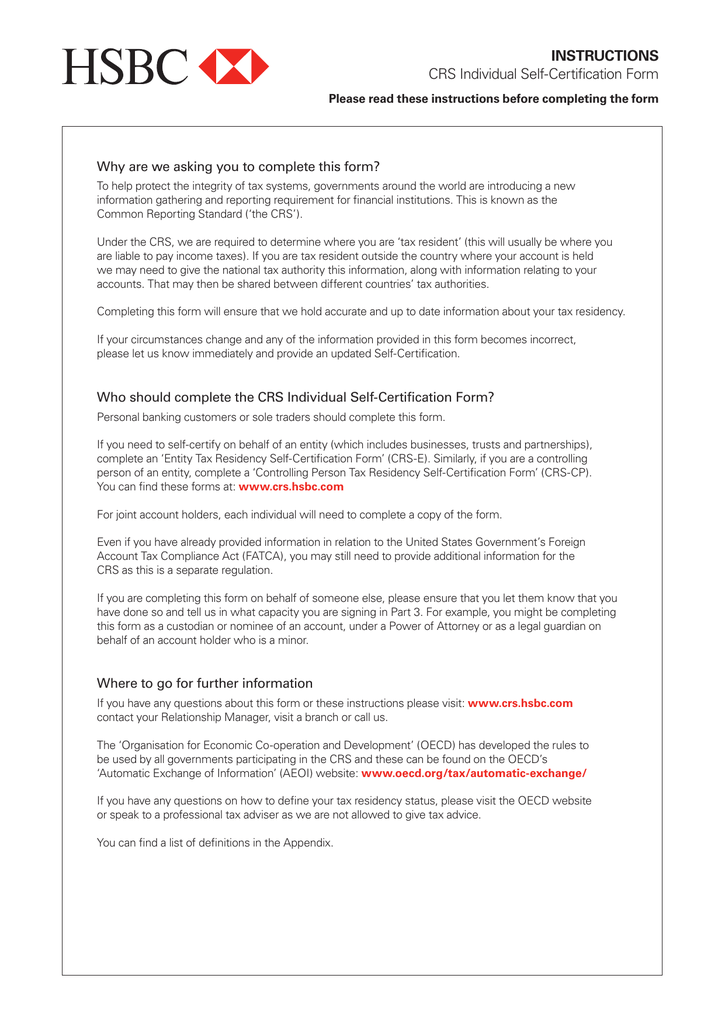 CRS Self Certification Form For Use By Individuals
