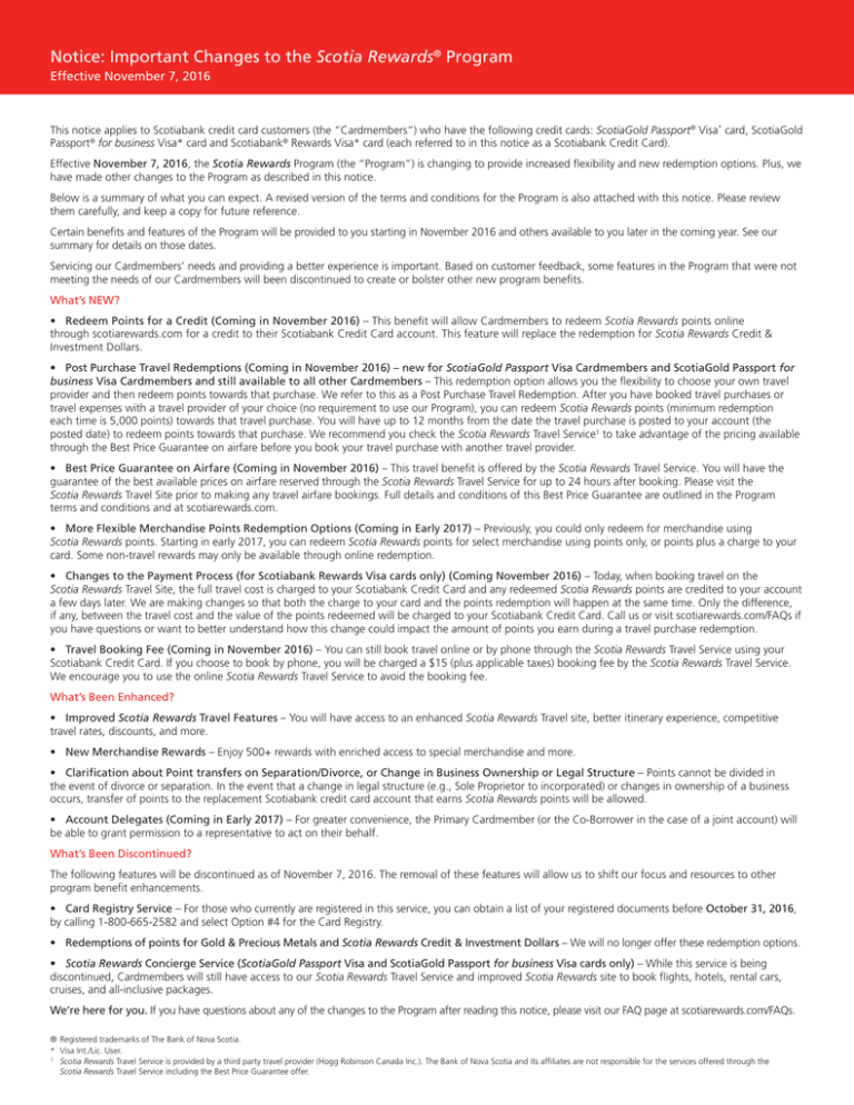 Notice: Important Changes to the Scotia Rewards® Program