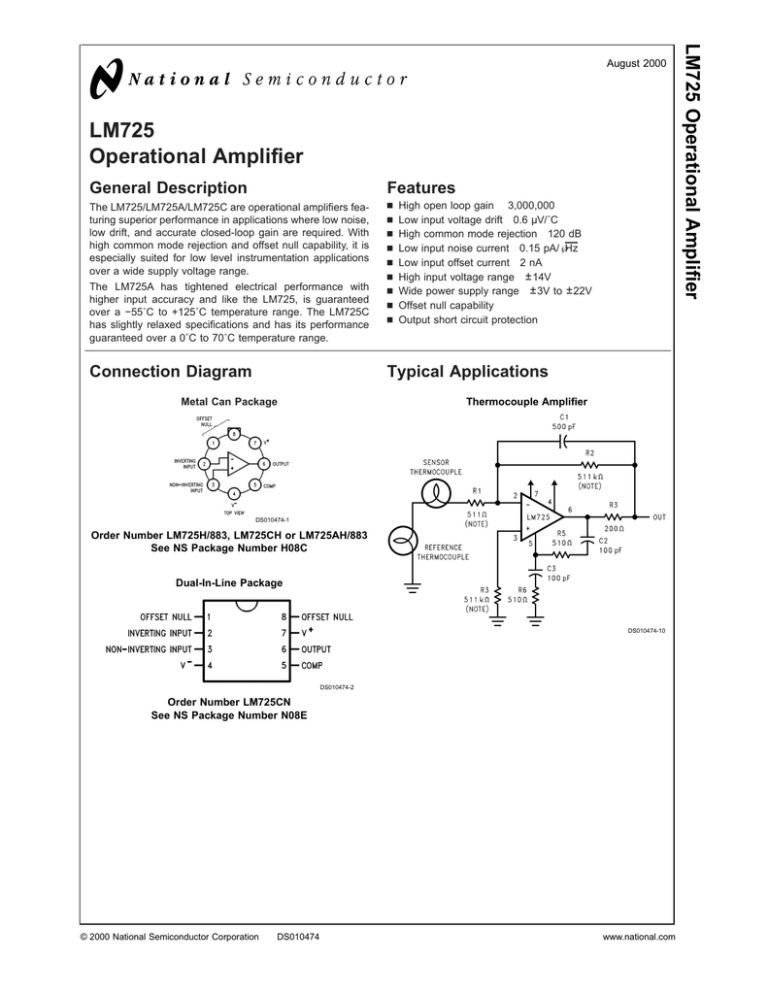 LM725 Operational Amplifier Datasheet | Features & Applications