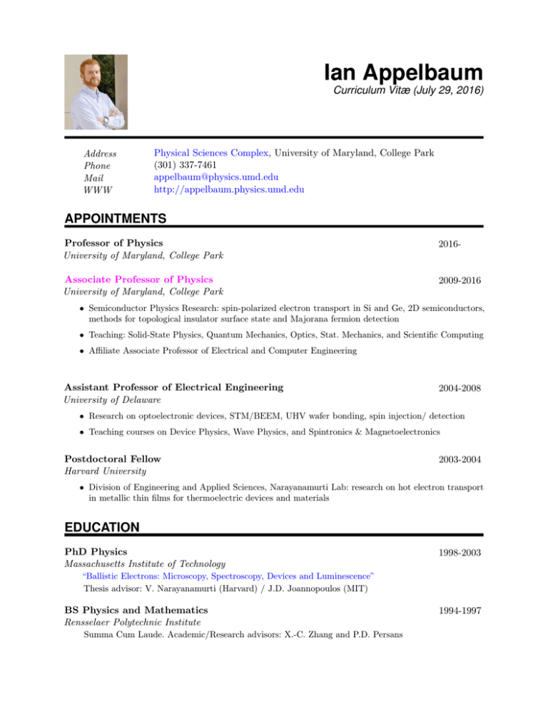 Curriculum Vitae Department Of Physics Curriculum Vitae Department Of Physics