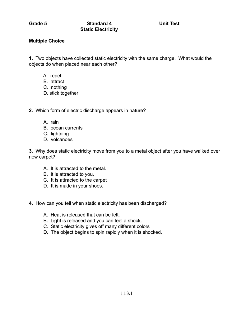 11 3 1 Grade 5 Standard 4 Unit Test Static Electricity Multiple Choice