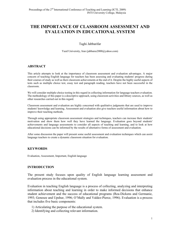 The Importance Of Classroom Assessment The Importance Of Classroom Assessment