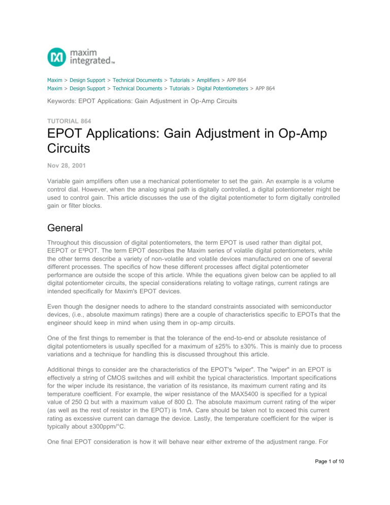 EPOT Applications: Gain Adjustment in Op-Amp Circuits