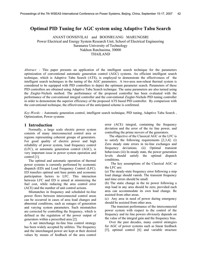 Optimal Pid Tuning For Agc System Using Adaptive Tabu Search 8468
