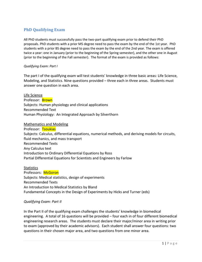 PhD Qualifying Exam Biomedical Engineering