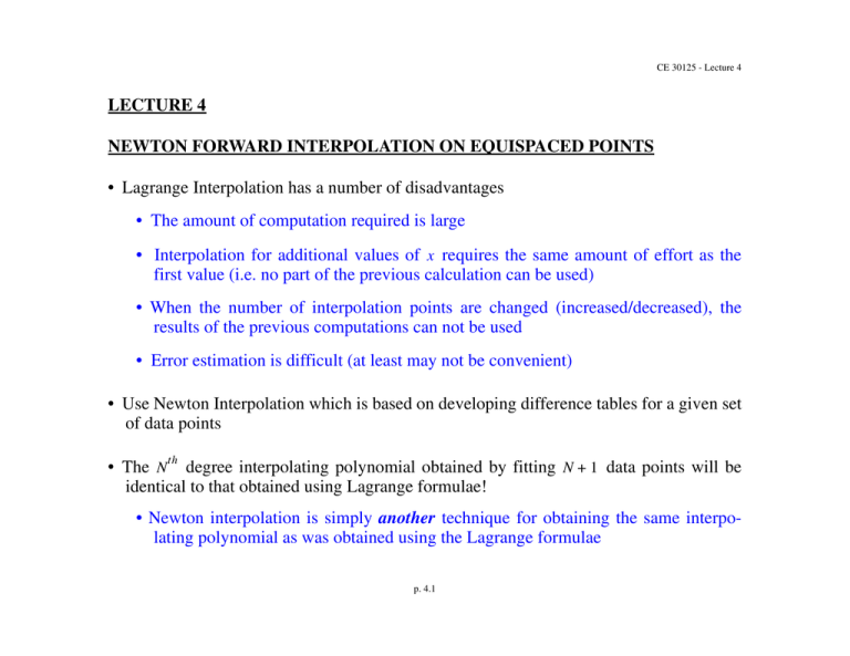 LECTURE 4 NEWTON FORWARD INTERPOLATION ON
