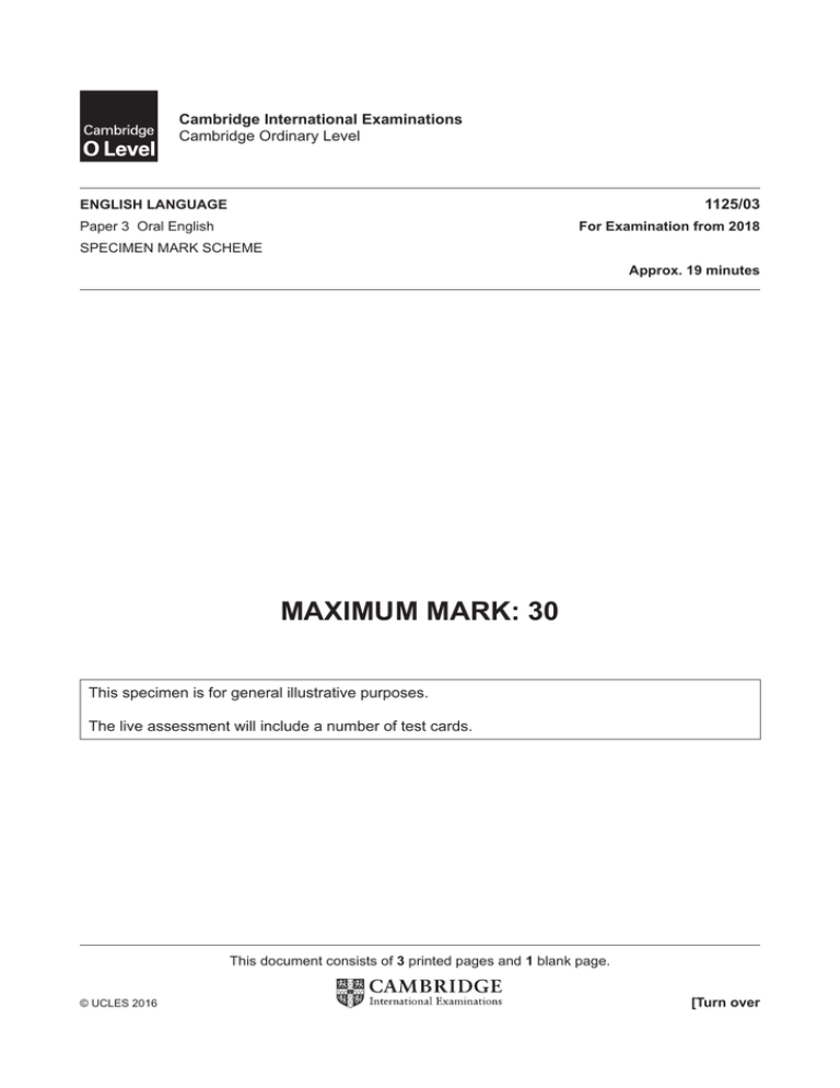 Specimen Mark Scheme Paper 3 Specimen Mark Scheme Paper 3