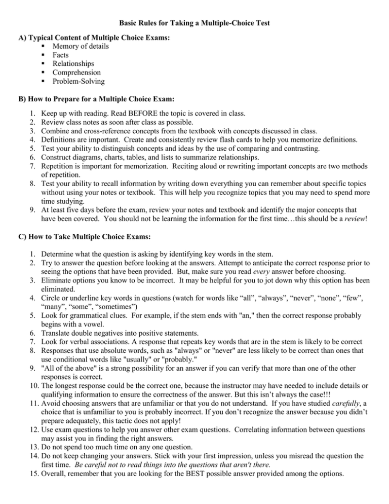 Basic Rules For Taking A Multiple Choice Test
