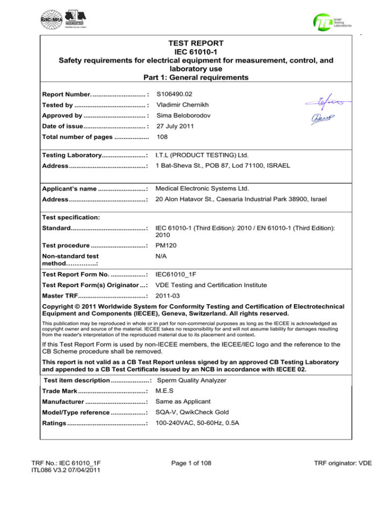 TEST REPORT IEC 61010 1 Safety Requirements For Electrical TEST REPORT IEC 61010 1 Safety Requirements For Electrical