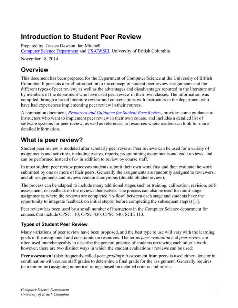 Introduction to Student Peer Review - cwsei