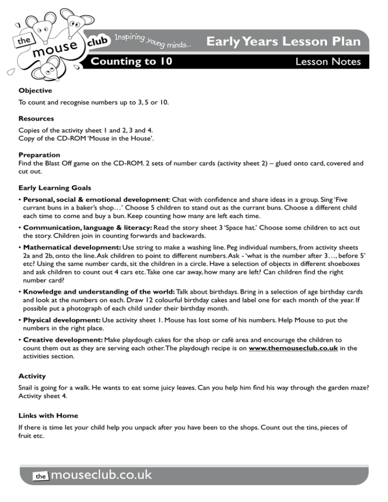 Early Years Lesson Plan Counting To 10