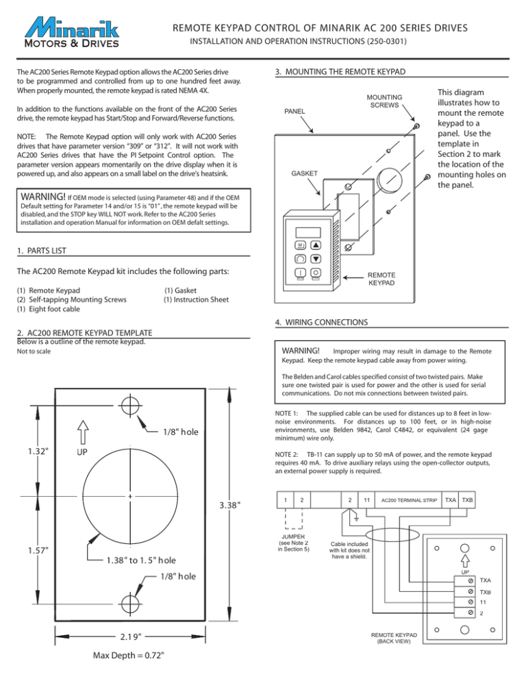 Minarik AC 200 Remote Keypad Installation & Operation Guide