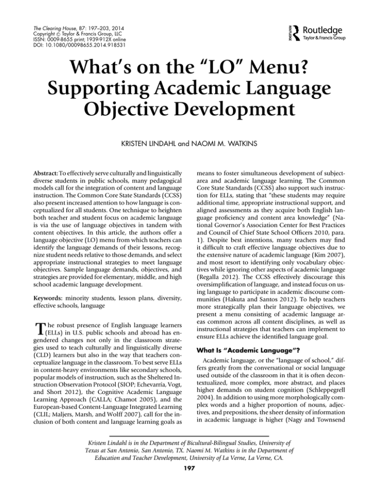 Supporting Academic Language Objective Development