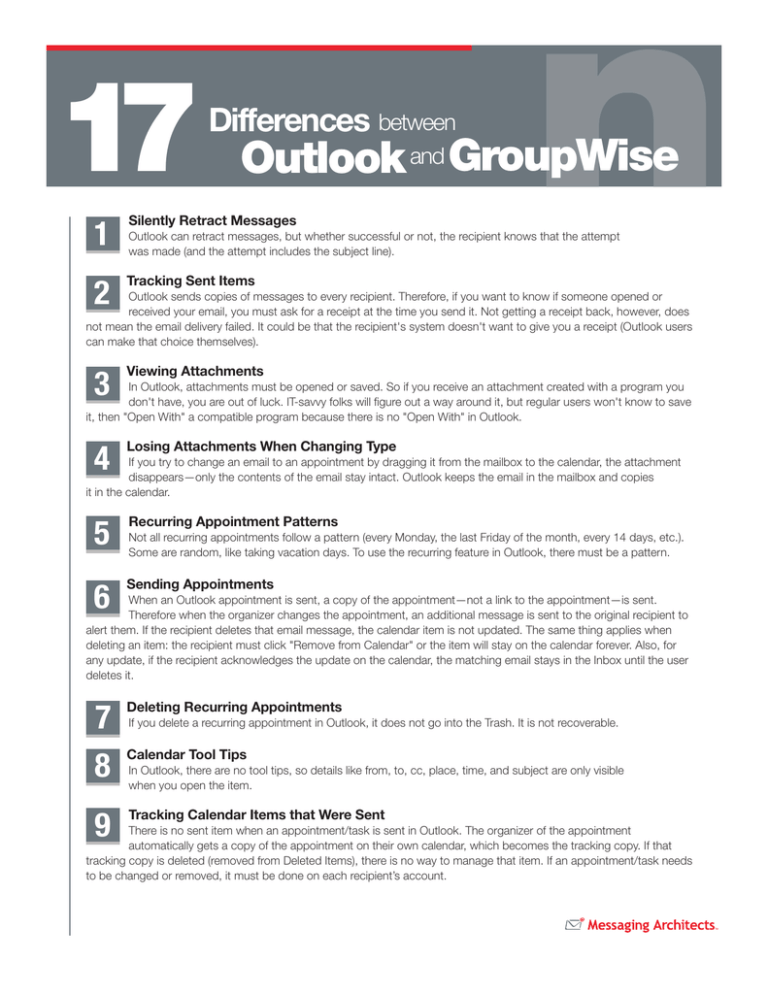 17 Differences between Groupwise and Outlook 17 Differences between Groupwise and Outlook