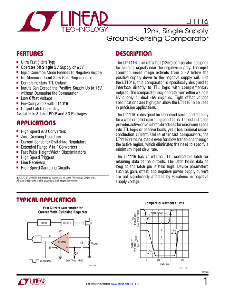 LT1116 – 12ns, Single Supply Ground-Sensing