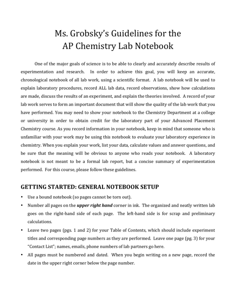 Ms. Grobsky`s Guidelines for the AP Chemistry Lab Notebook