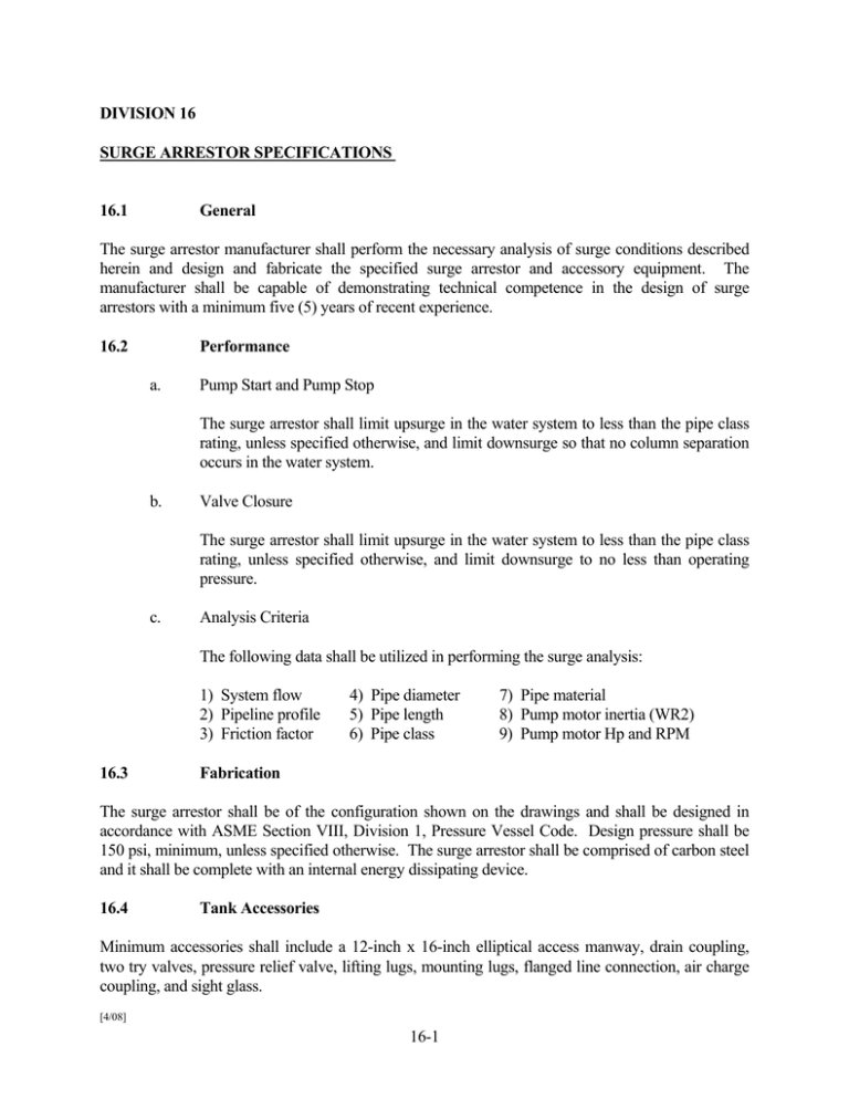 16-1 DIVISION 16 SURGE ARRESTOR SPECIFICATIONS 16.1