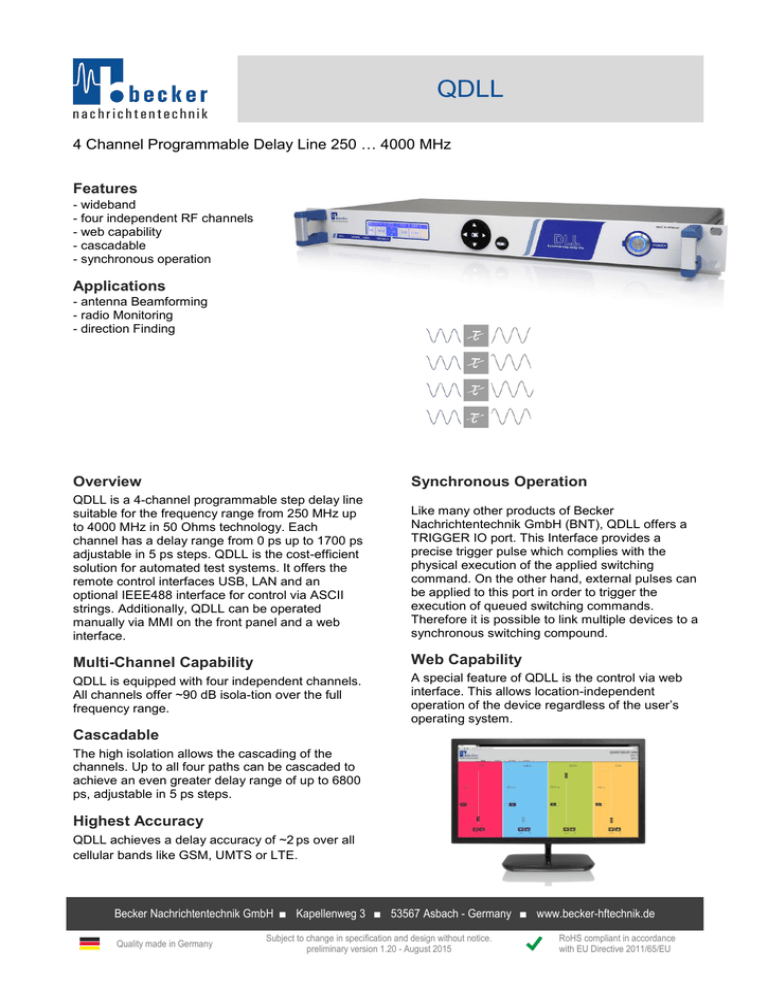 4 Channel Programmable Delay Line 250 … 4000 MHz Features