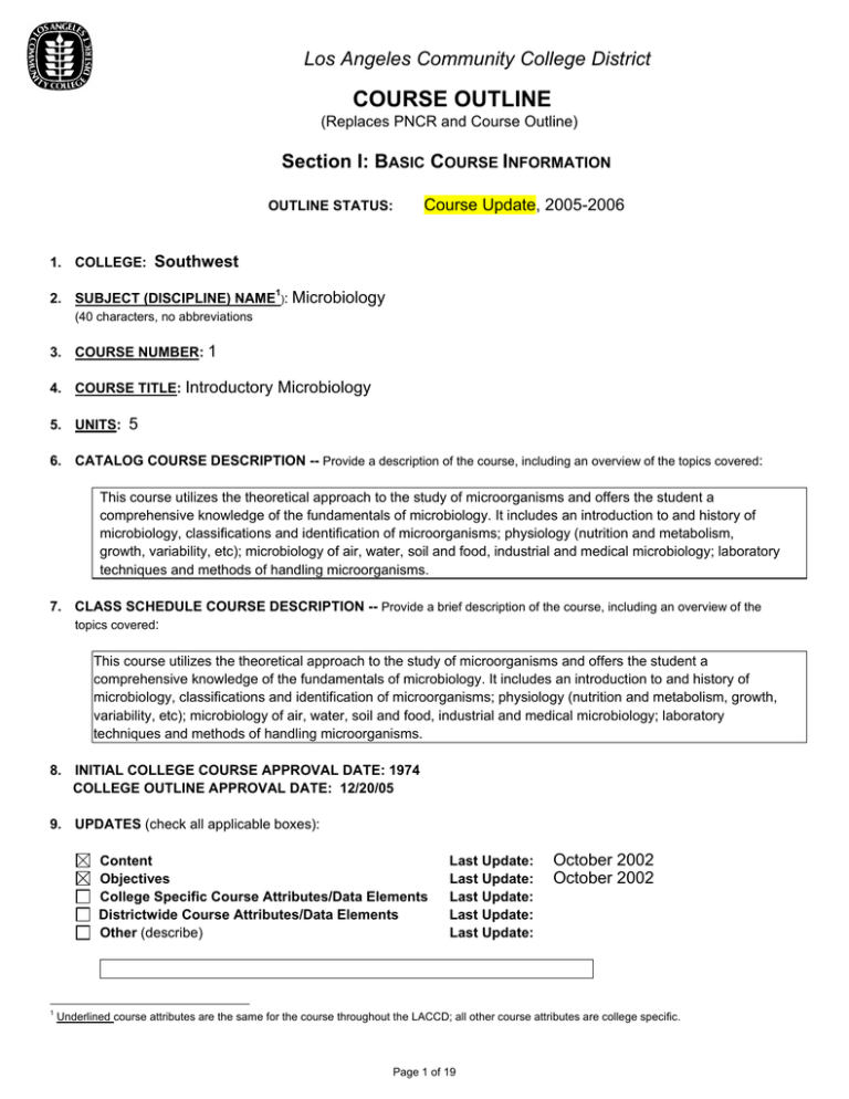 Introductory Microbiology Course Outline - LA Southwest College