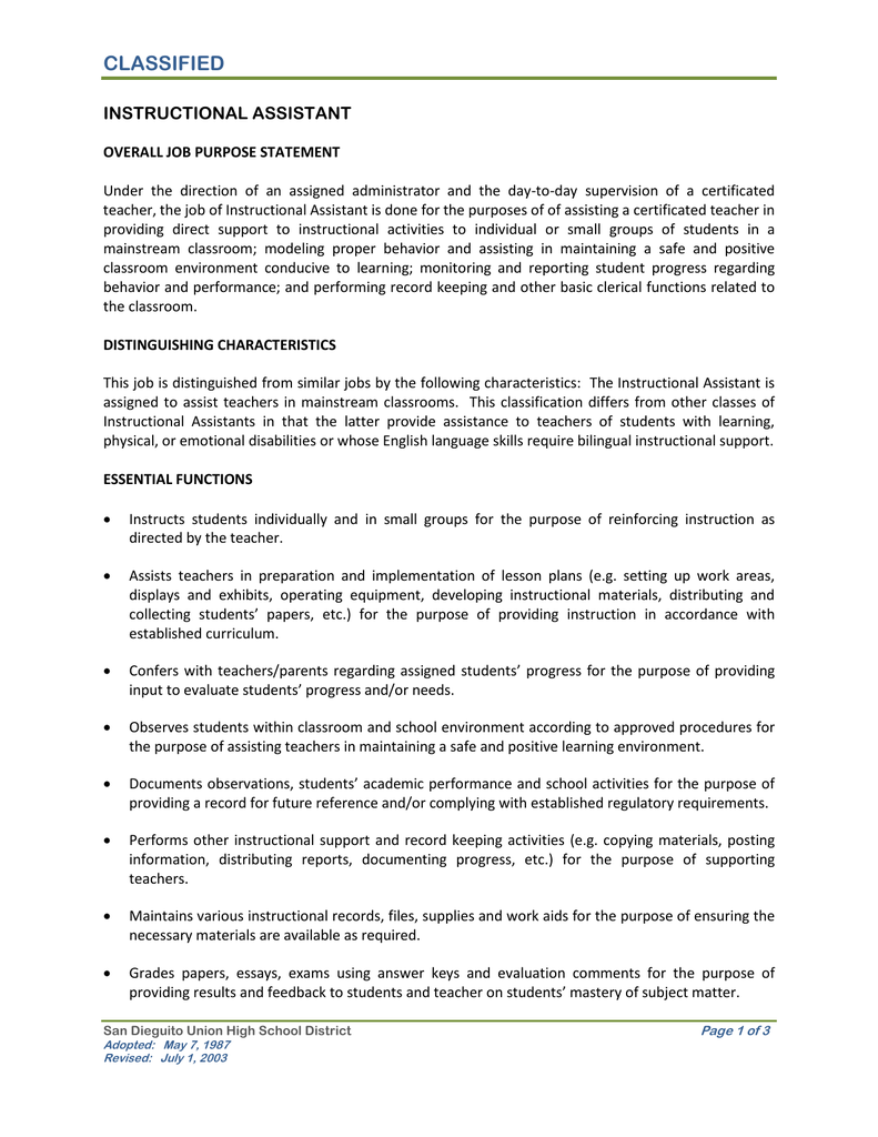 Overall Job Purpose Statement San Dieguito Union High School