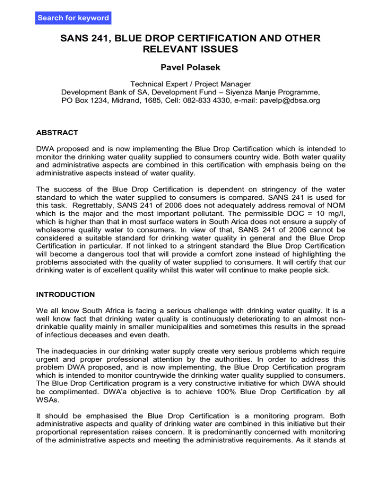 SANS 241, BLUE DROP CERTIFICATION AND OTHER RELEVANT