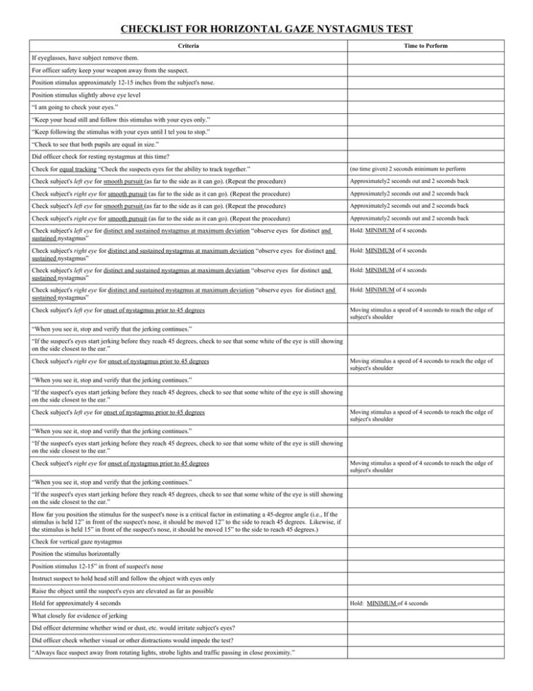 Checklist For Horizontal Gaze Nystagmus Test