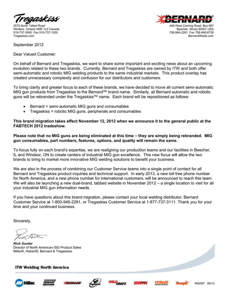 September 2012 Dear Valued Customer On Behalf Of