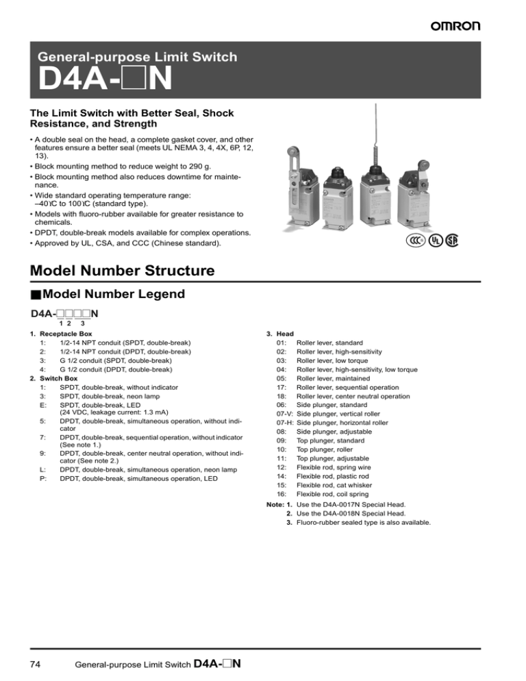 Omron D4A Limit Switch Datasheet