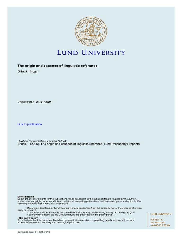 The origin and essence of linguistic reference Brinck, Ingar