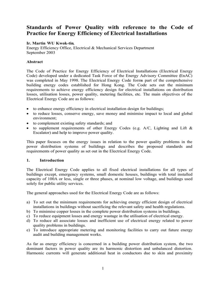 Standards of Power Quality with reference to the Code of Practice for