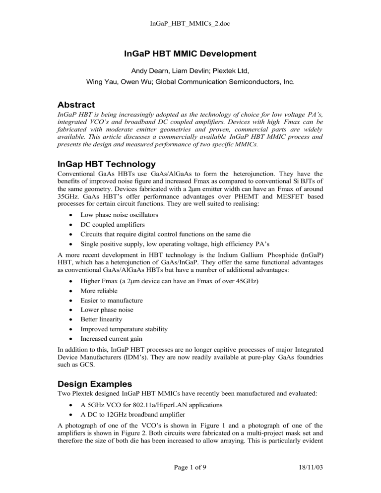 InGap HBT MMIC Development