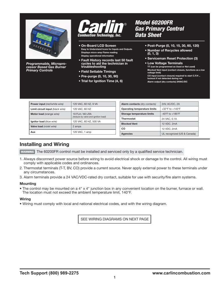 60200FR Microprocessor Flame Rod Gas Primary Control Data Sheet