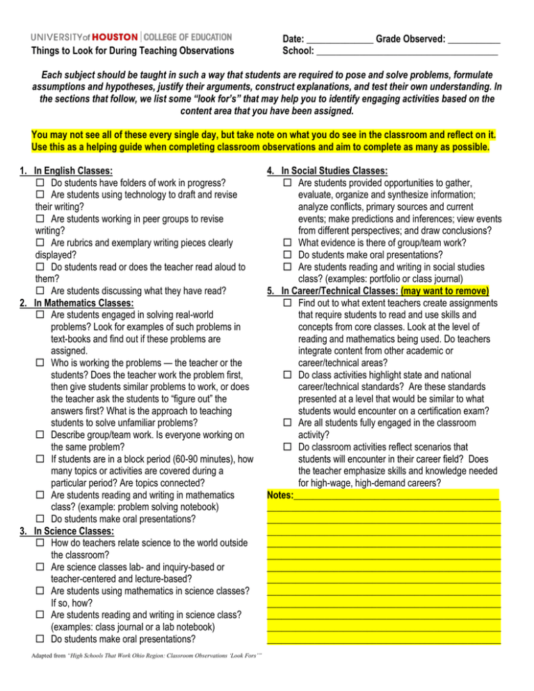 Student Observation Checklist Student Observation Checklist