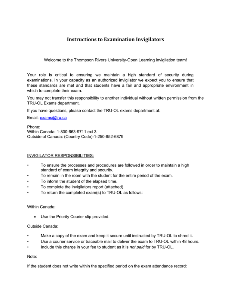 Instructions To Examination Invigilators