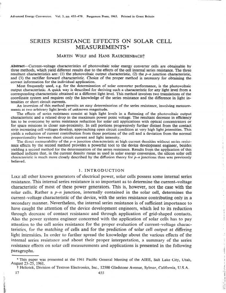 SERIES RESISTANCE EFFECTS ON SOLAR CELL SERIES RESISTANCE EFFECTS ON SOLAR CELL