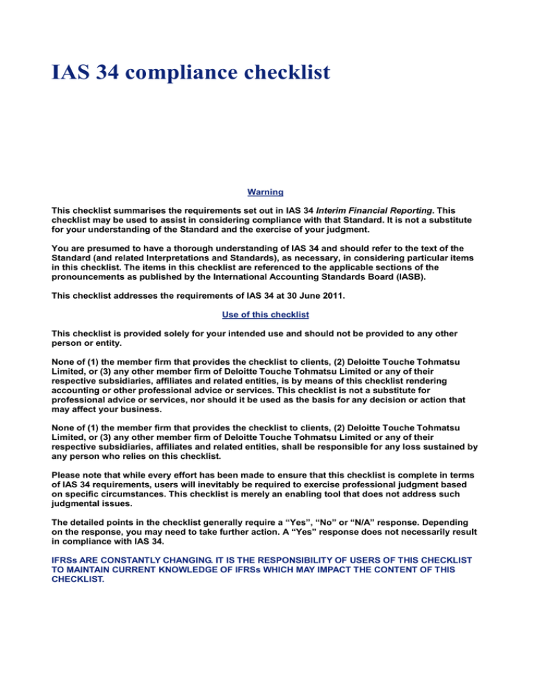 IAS 34 Compliance Checklist IAS 34 Compliance Checklist