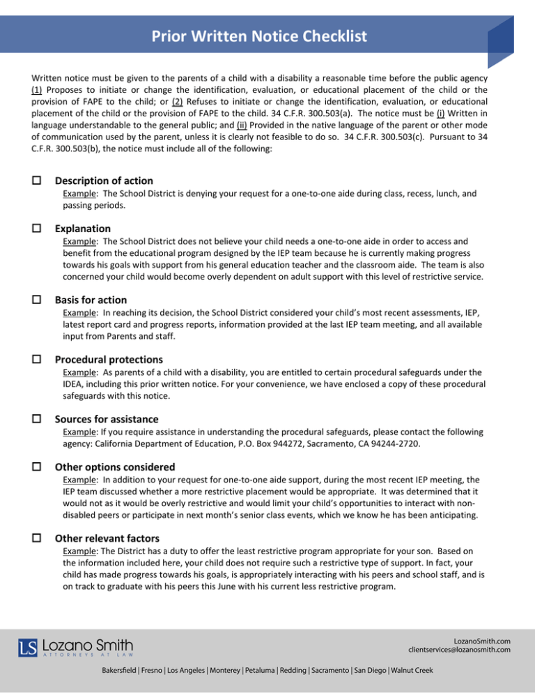 Prior Written Notice