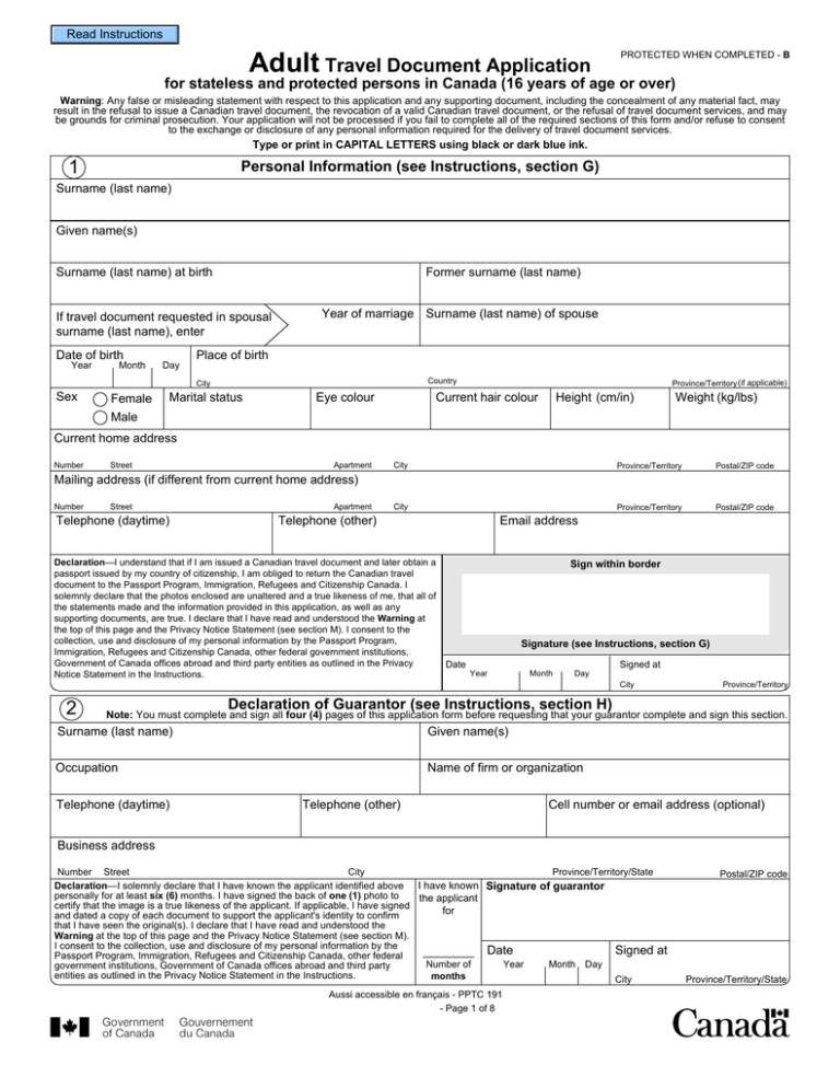 Adult Travel Document Application Form