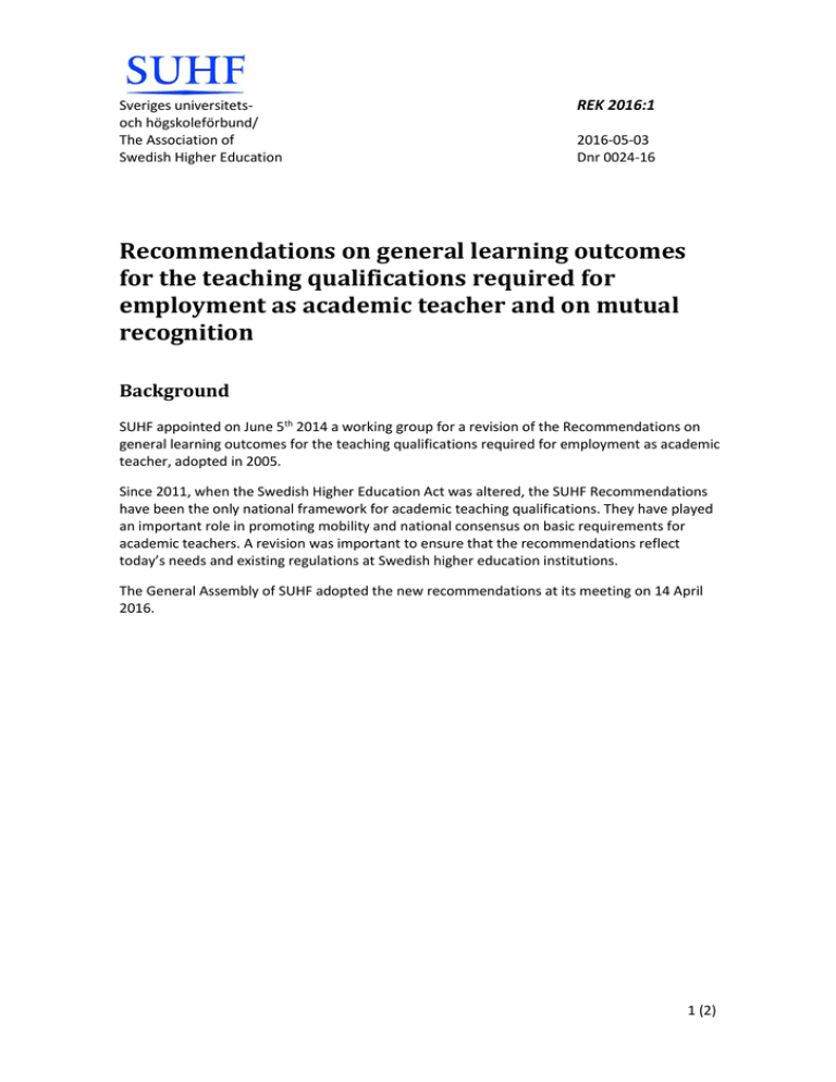 Recommendations On General Learning Outcomes For The