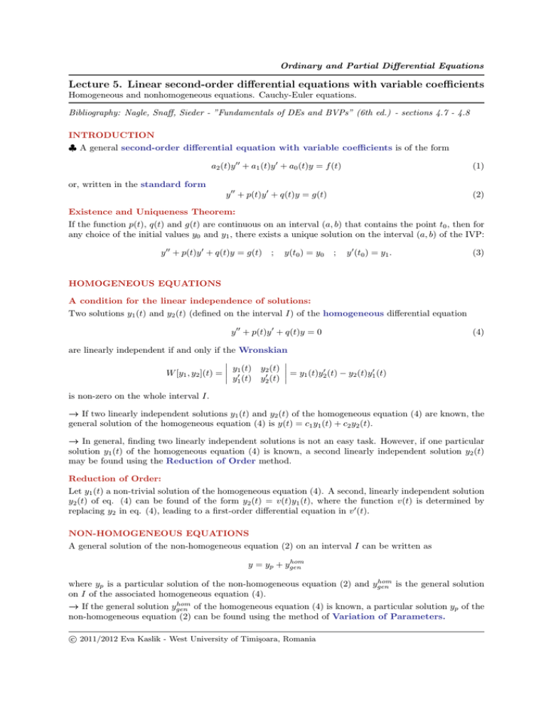 Linear Second order Differential Equations With Variable Coefficients 