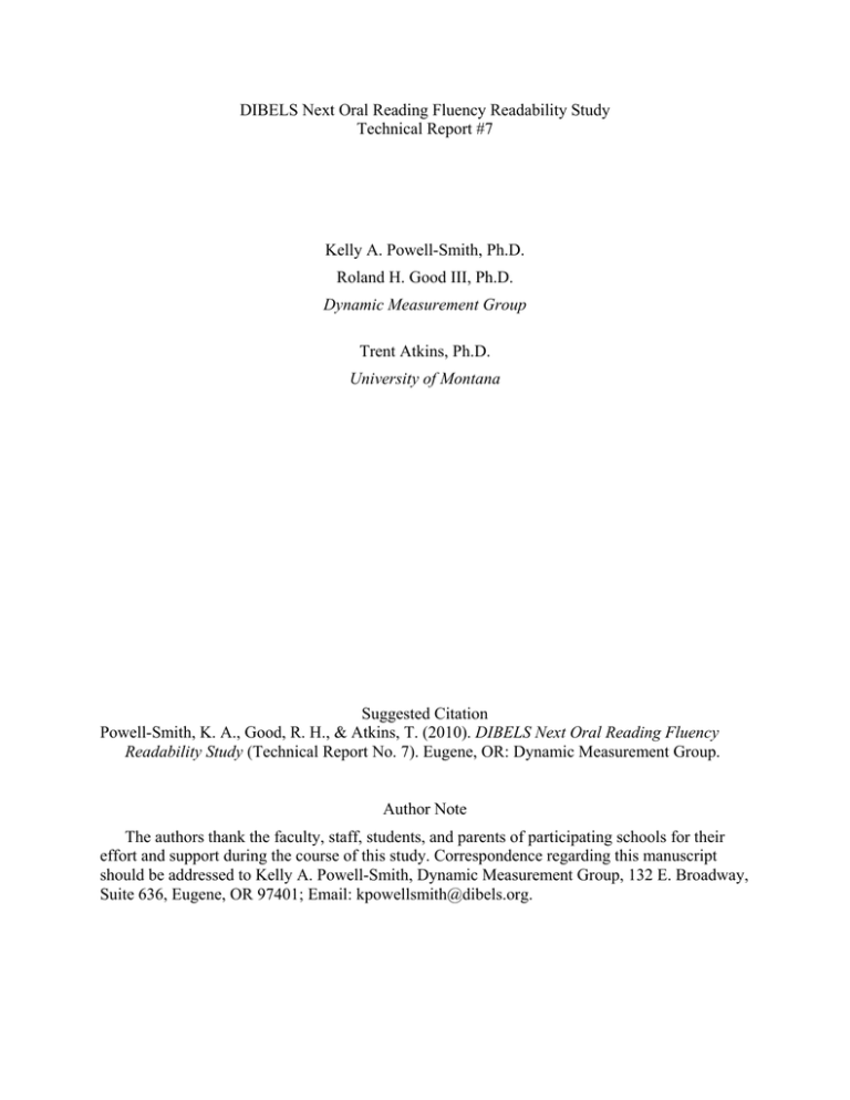DIBELS Next Oral Reading Fluency Readability Study Technical DIBELS Next Oral Reading Fluency Readability Study Technical