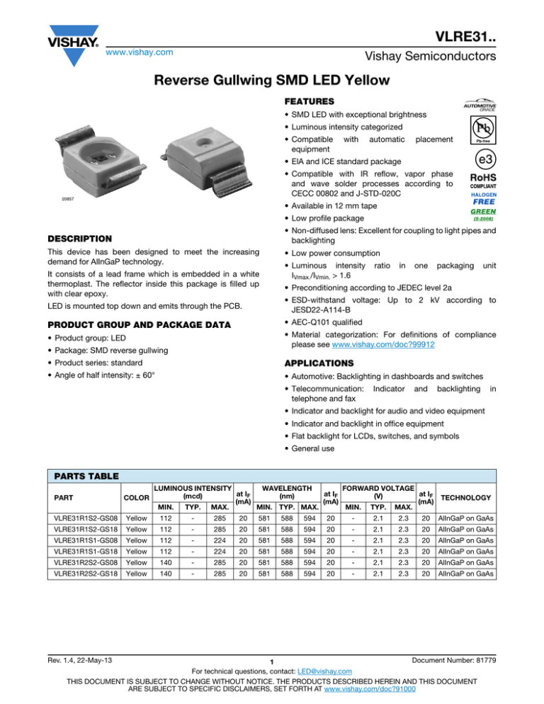 VLRE31.. Reverse Gullwing SMD LED Yellow