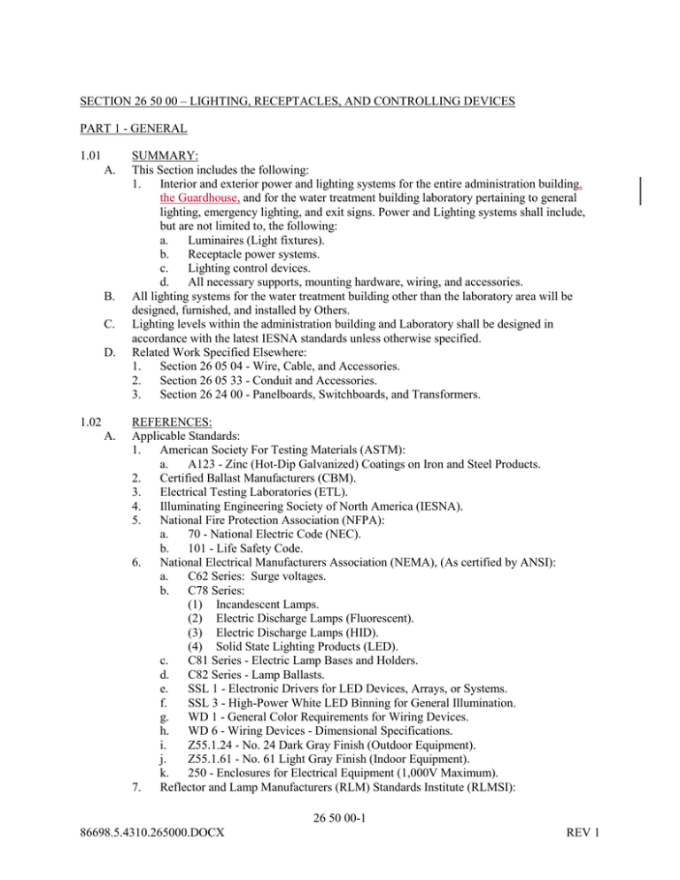 section 26 50 00 – lighting, receptacles