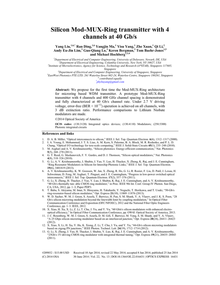 Silicon Mod-MUX-Ring transmitter with 4 channels
