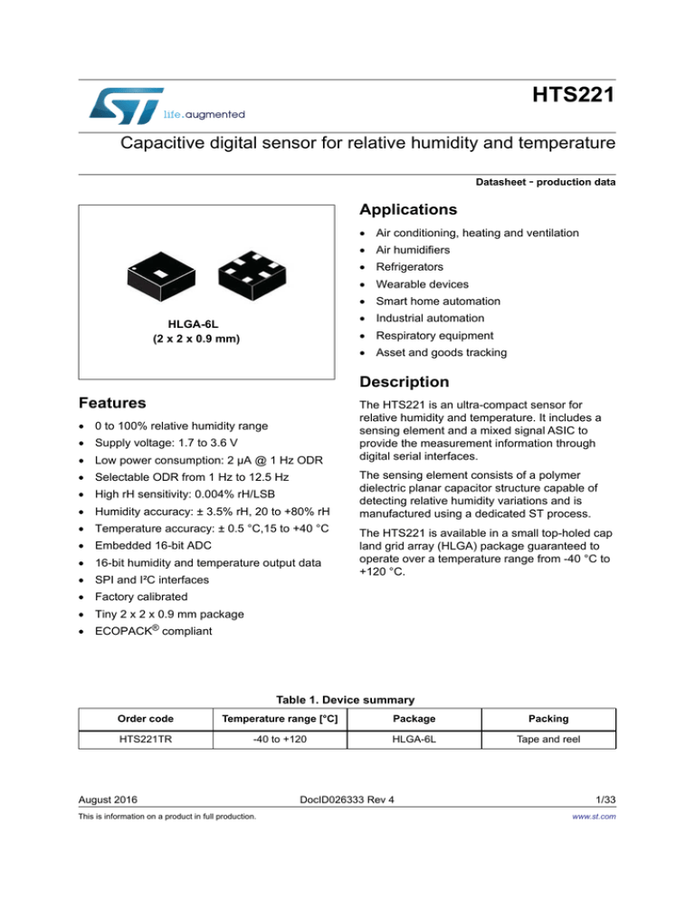 Capacitive digital sensor for relative humidity and temperature