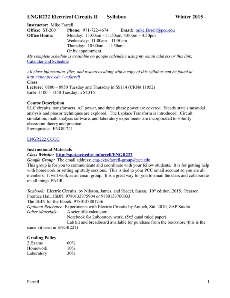 ENGR222 Electrical Circuits II Syllabus Winter 2015