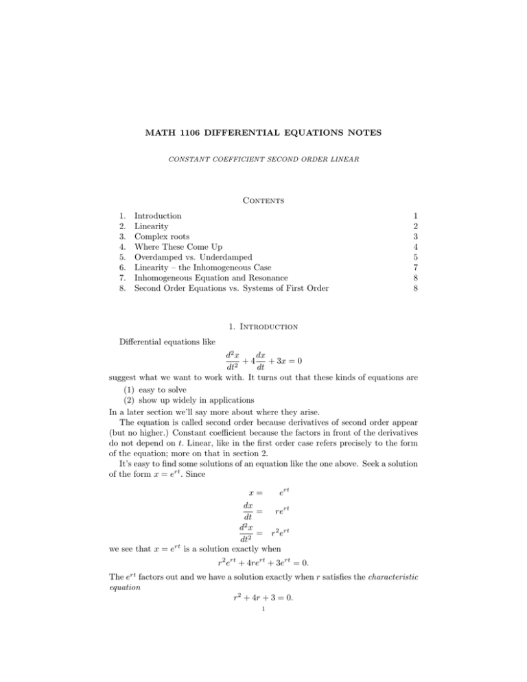 MATH 1106 DIFFERENTIAL EQUATIONS NOTES Contents 1