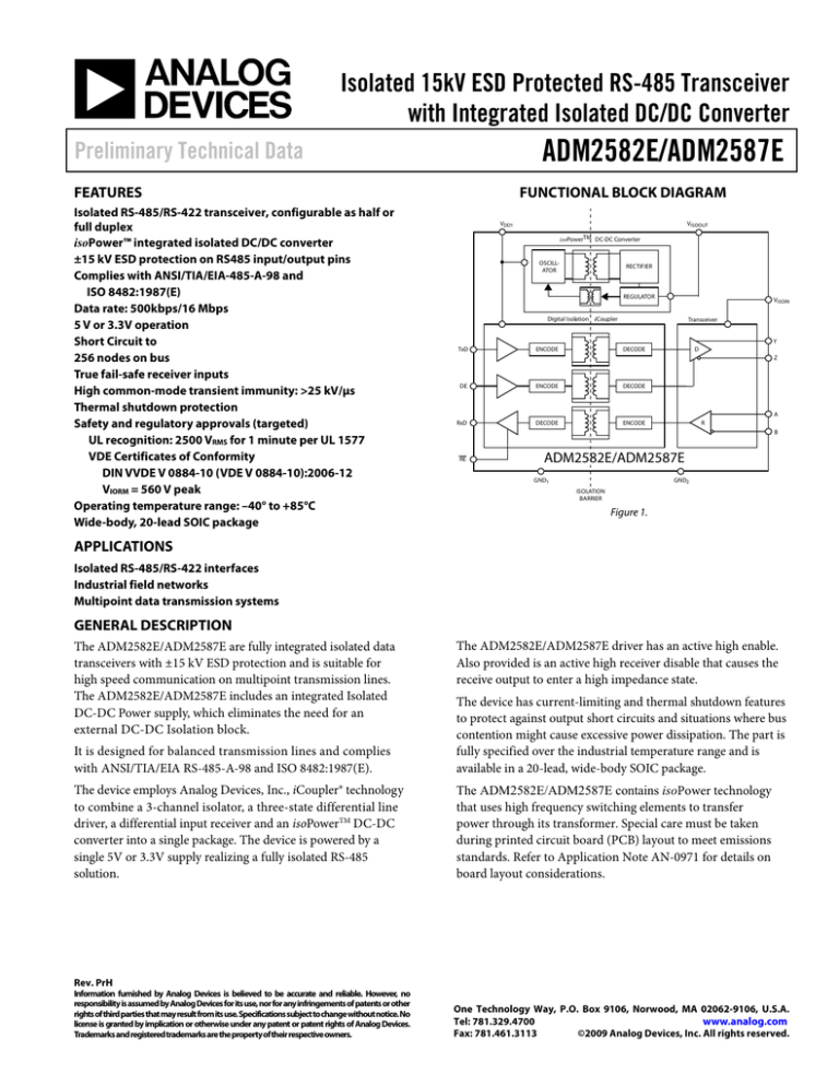 ADM2582E/ADM2587E Isolated 15kV ESD Protected RS