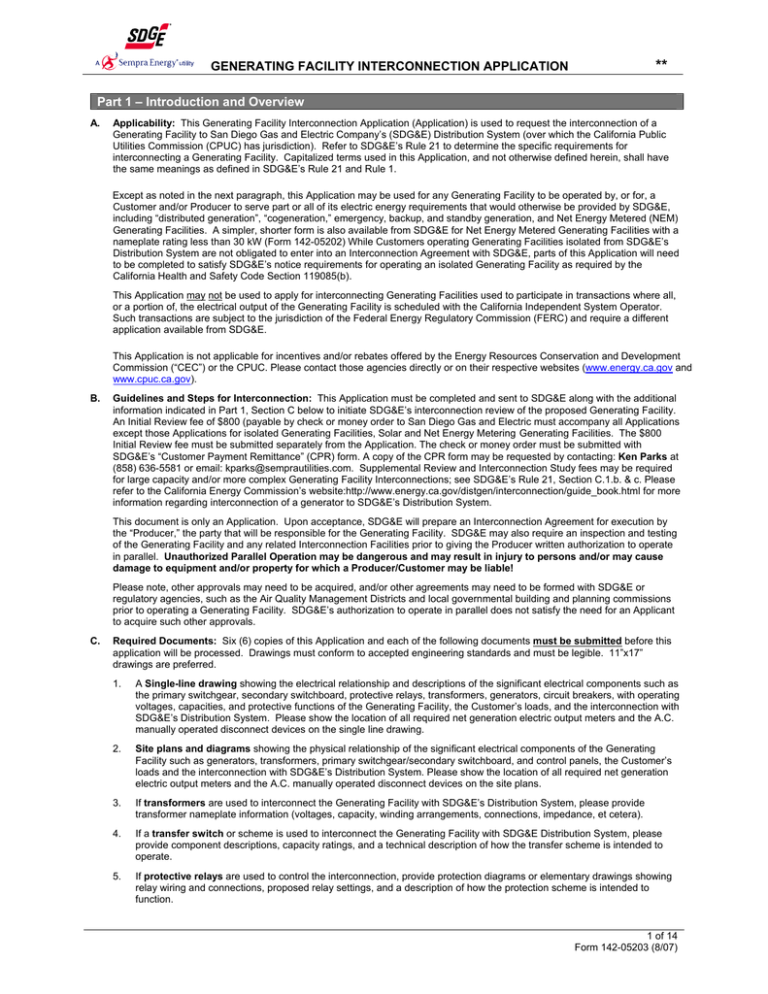 GENERATING FACILITY INTERCONNECTION APPLICATION Part 1